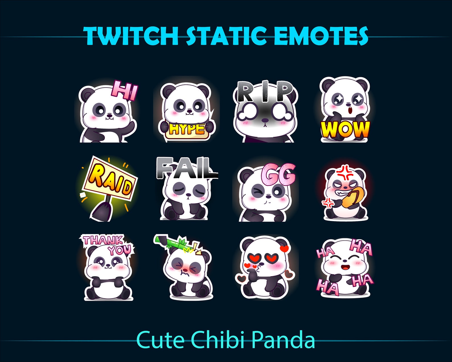Cute Chibi Panda Twitch Emotes Package, Cute Panda Bear Static Stream ...