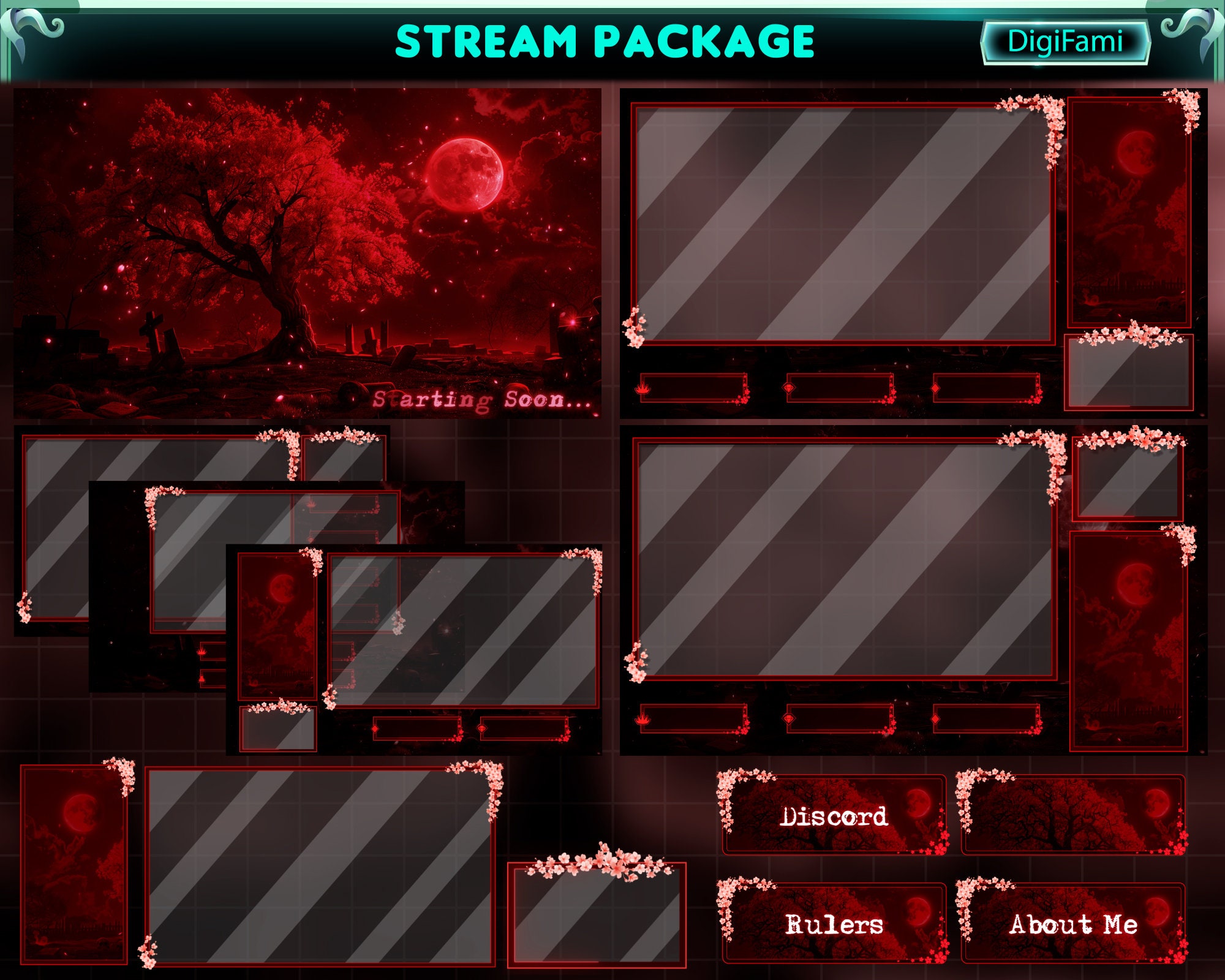 Bloody Sakura Graveyard Animated Stream Overlay Package, Red Sakura ...