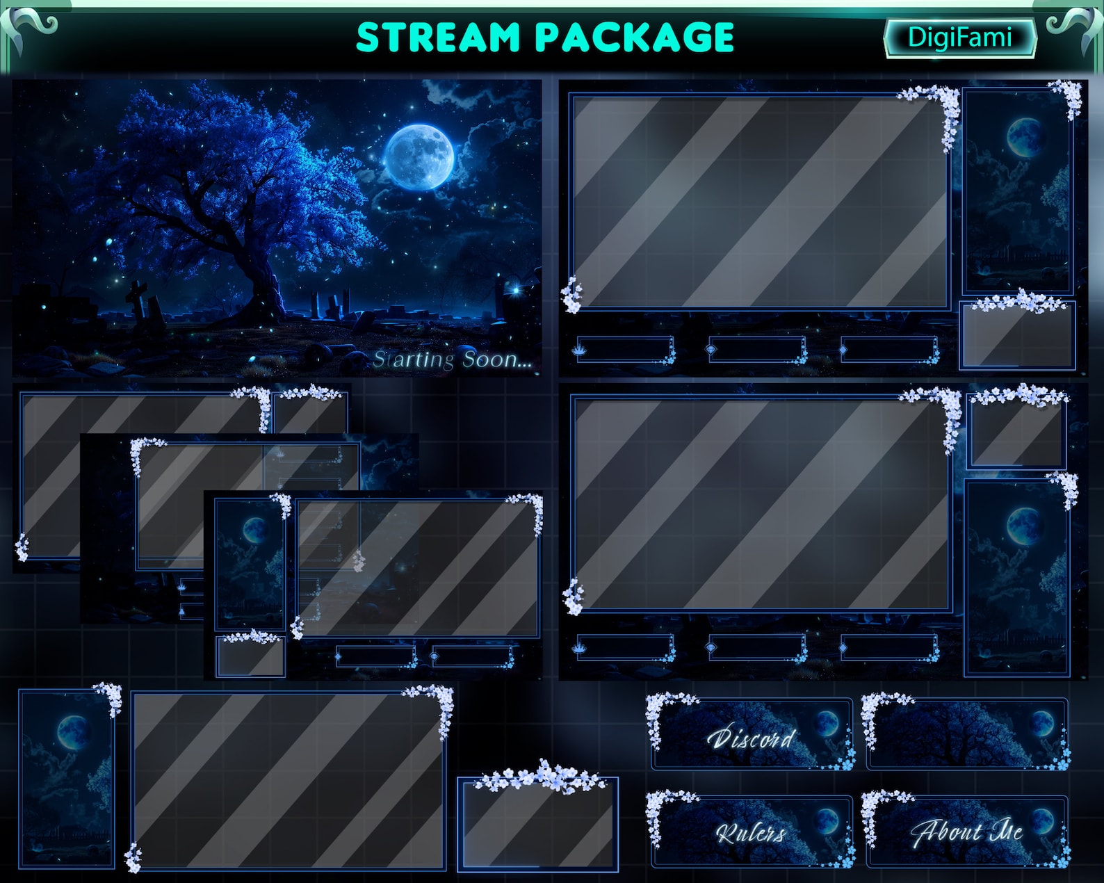 ANIMATED Twitch Overlay Package, Dark Blue Sakura Graveyard Animated ...