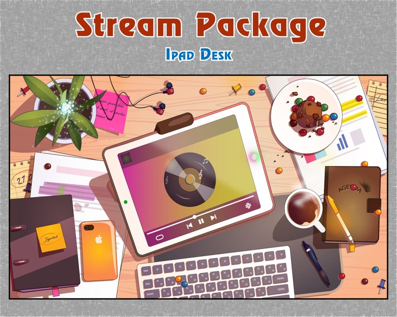 ANIMATED Twitch Stream Overlay Package / Cozy iPad Desk Twitch Overlay ...