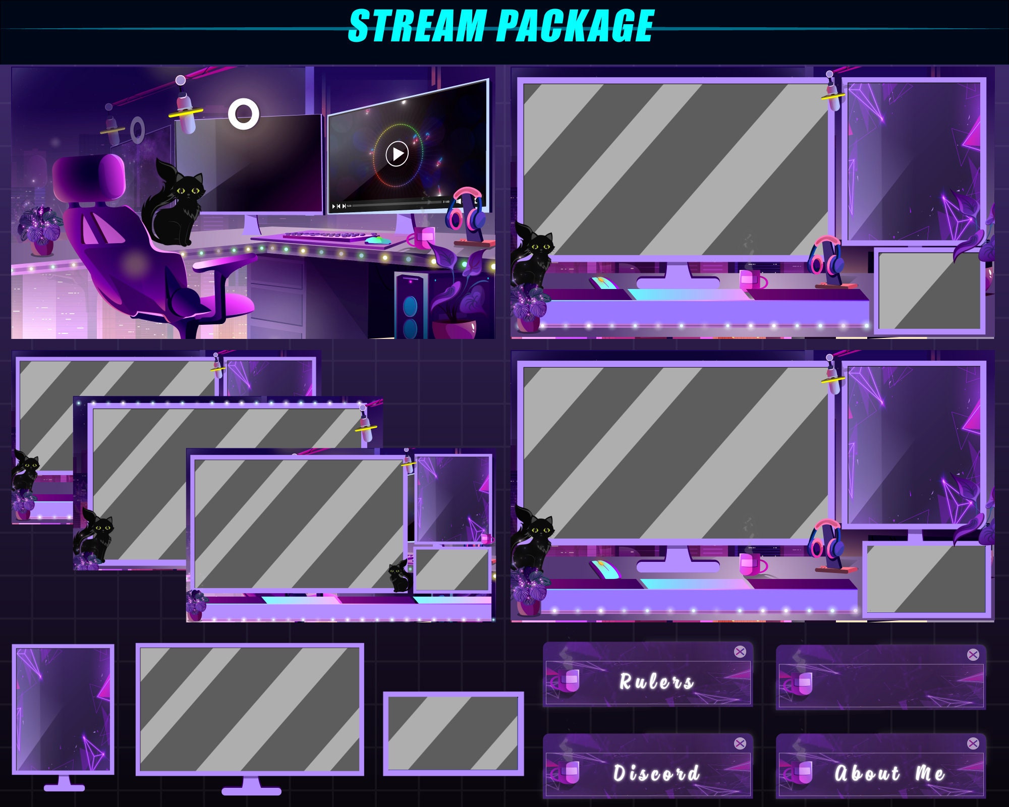 Animated Twitch Overlay Package Cityview PC Set-up Room, Black Cat in Cityview PC Room Stream ...