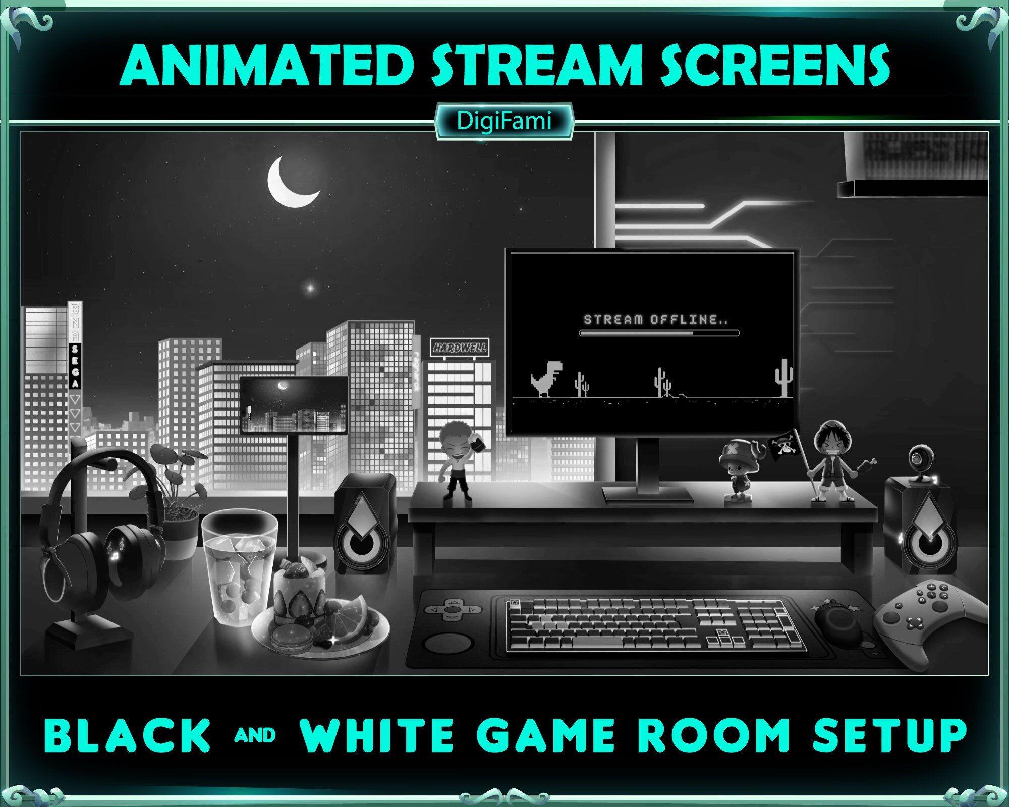 Animated Twitch Black White Gaming Room Screen Overlays, PC Desk Twitch ...