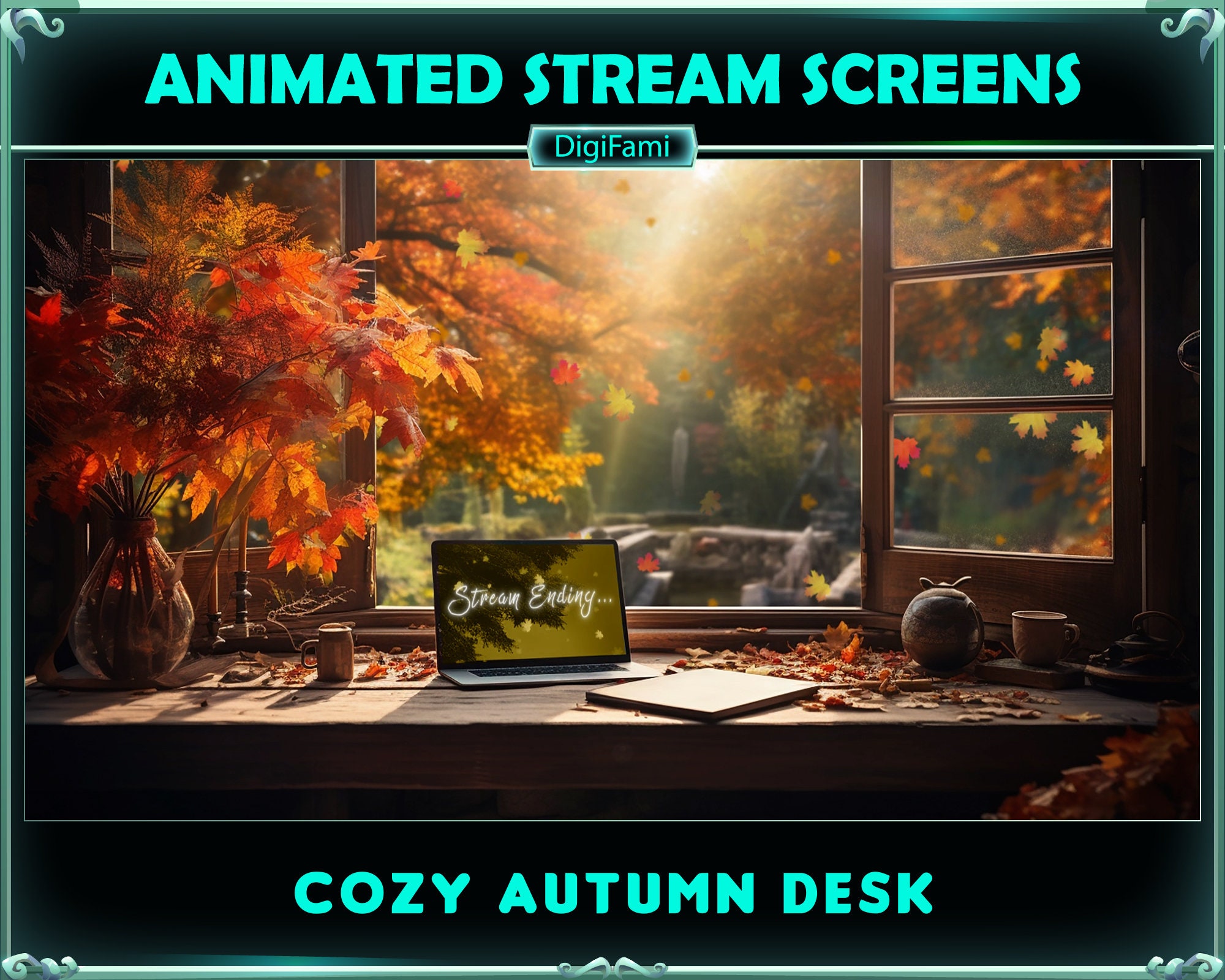 ANIMATED Twitch Stream Overlays Autumn PC Desk, Working Desk in Fall ...