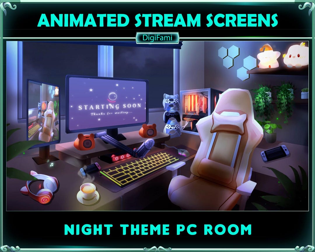 Daily Night PC Room Animated Twitch Screen Overlays, Cozy Night PC Room ...