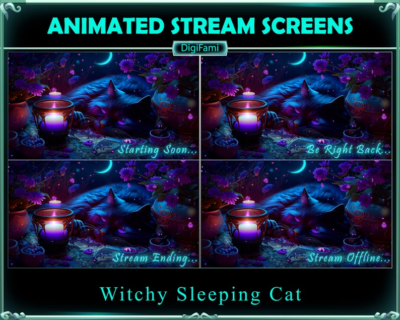 ANIMATED Twitch Stream Overlays Witchy Sleeping Cat, Witchy Garden ...