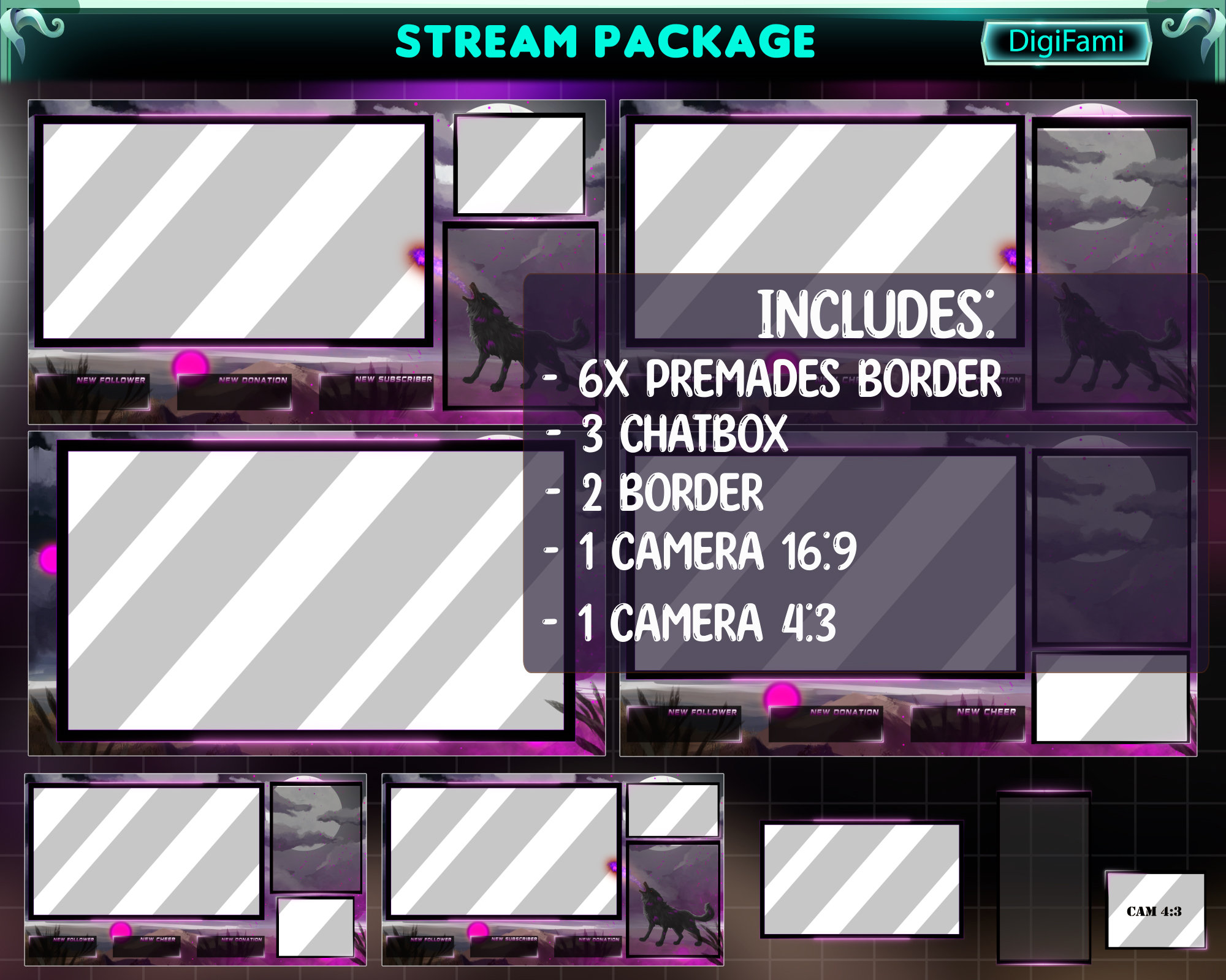 Animated Twitch PURPLE Fire Wolf Stream Overlay Package, PURPLE Burning ...
