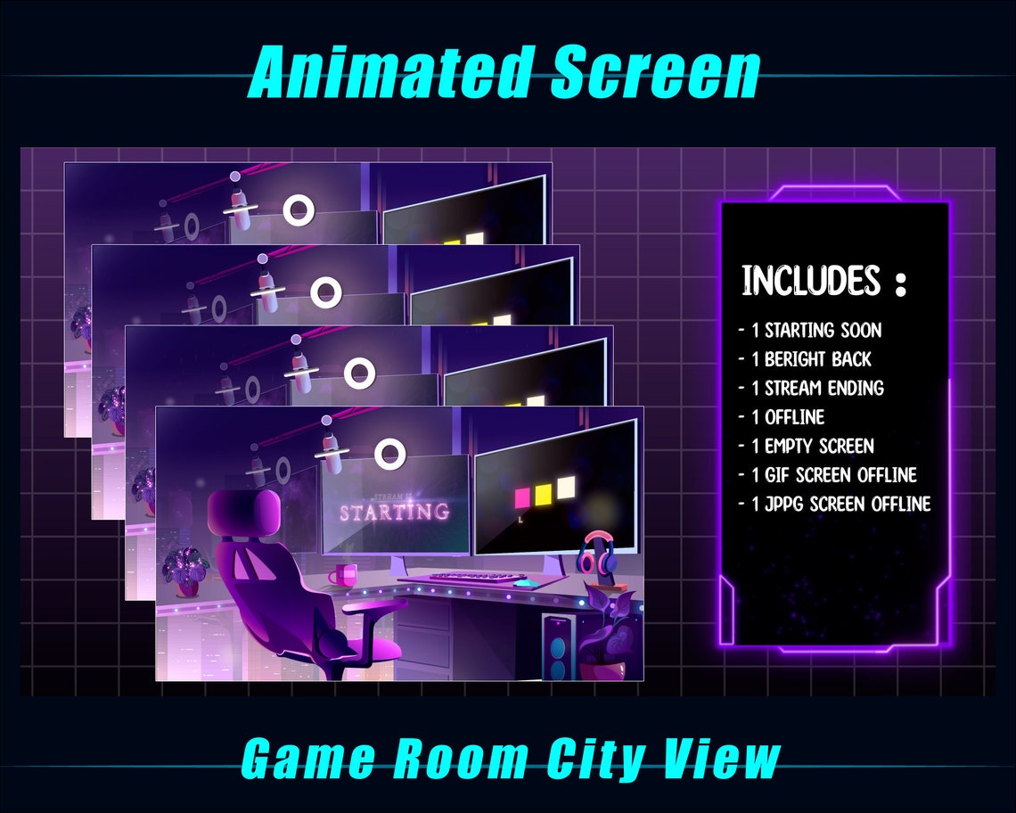 Animated Twitch Overlay Package Cityview PC Set-up Room, Raining ...