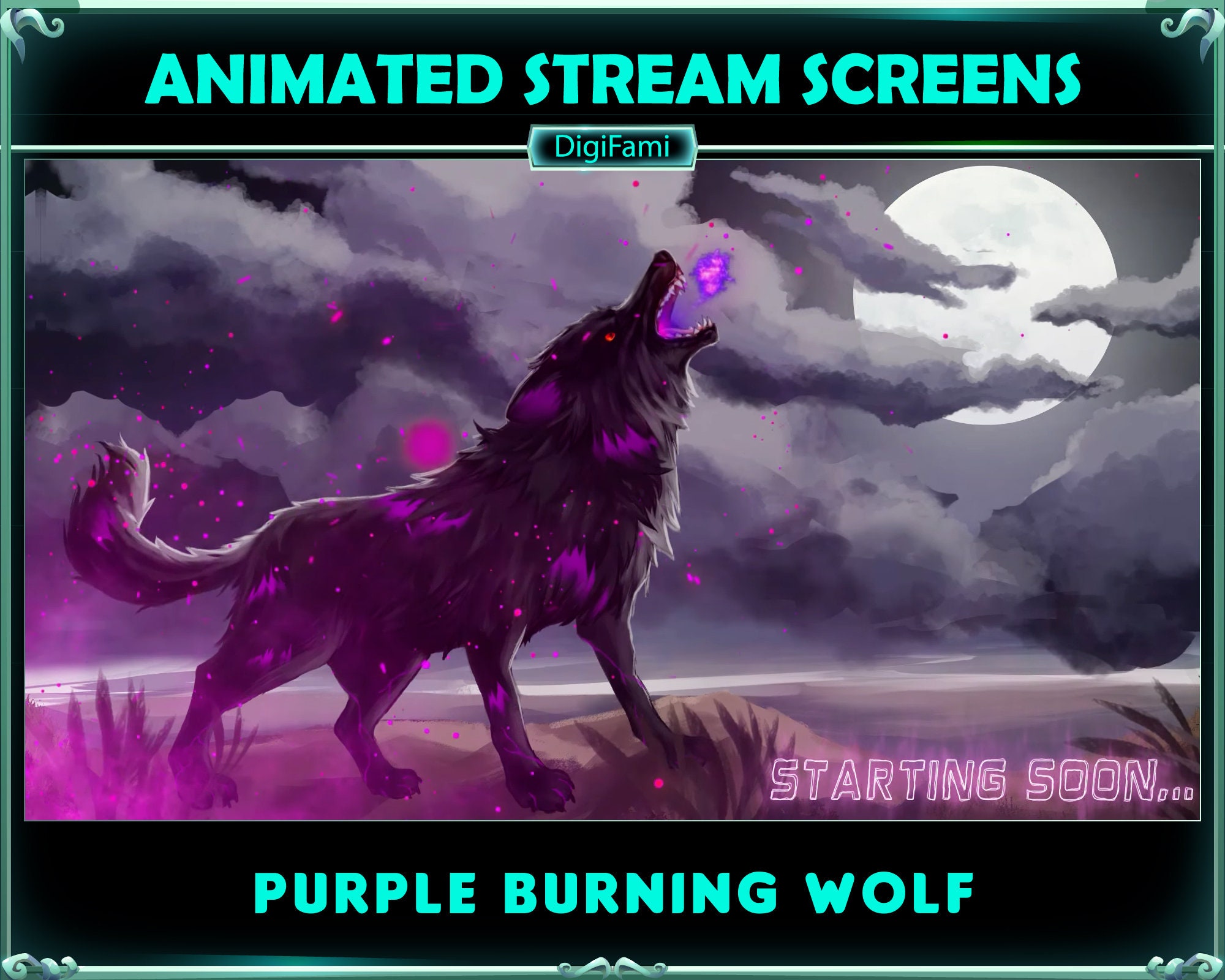 Animated Twitch PURPLE Fire Wolf Stream Overlay Package, PURPLE Burning ...