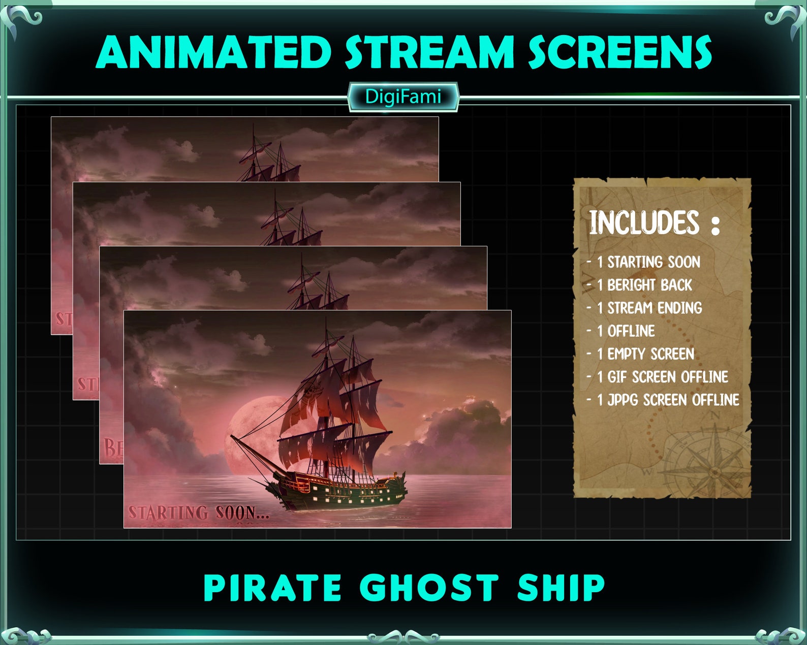 RED Ghost Pirate Ship Animated Twitch Overlay Package, Blood Pirate ...