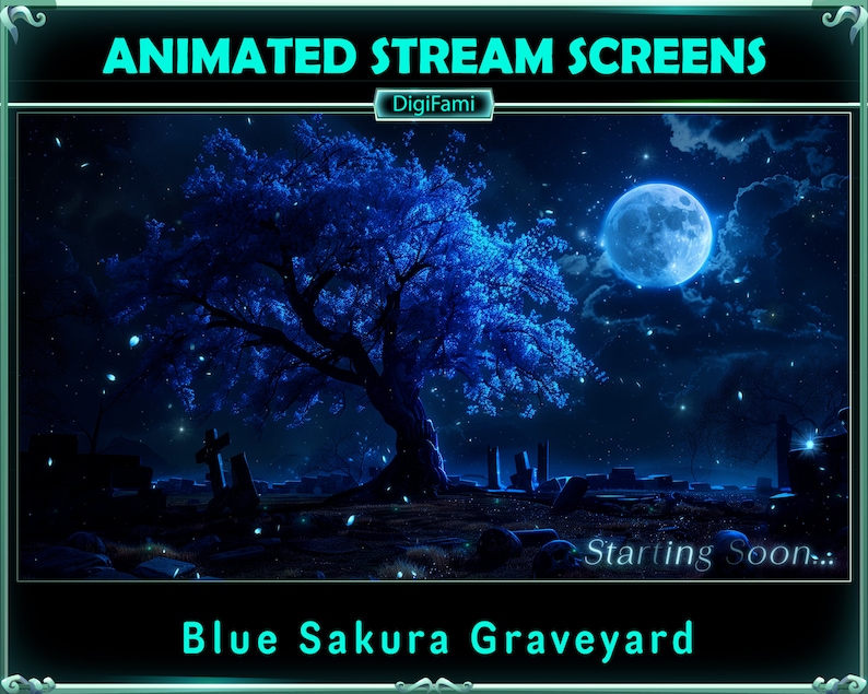 ANIMATED Twitch Overlay Package, Dark Blue Sakura Graveyard Animated ...