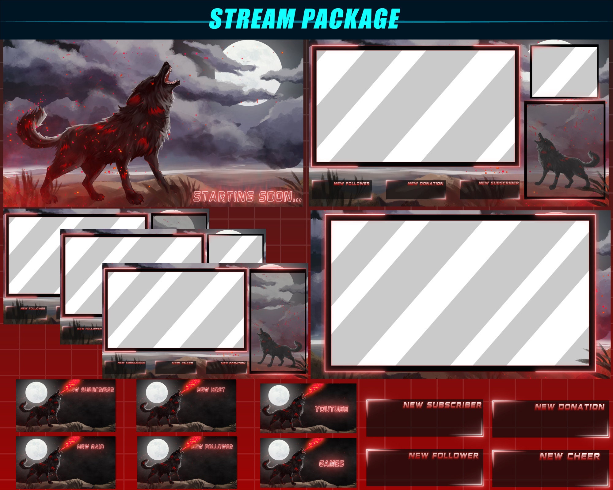 Animated Twitch DARK RED Fire Wolf Stream Overlay Package / Burning ...