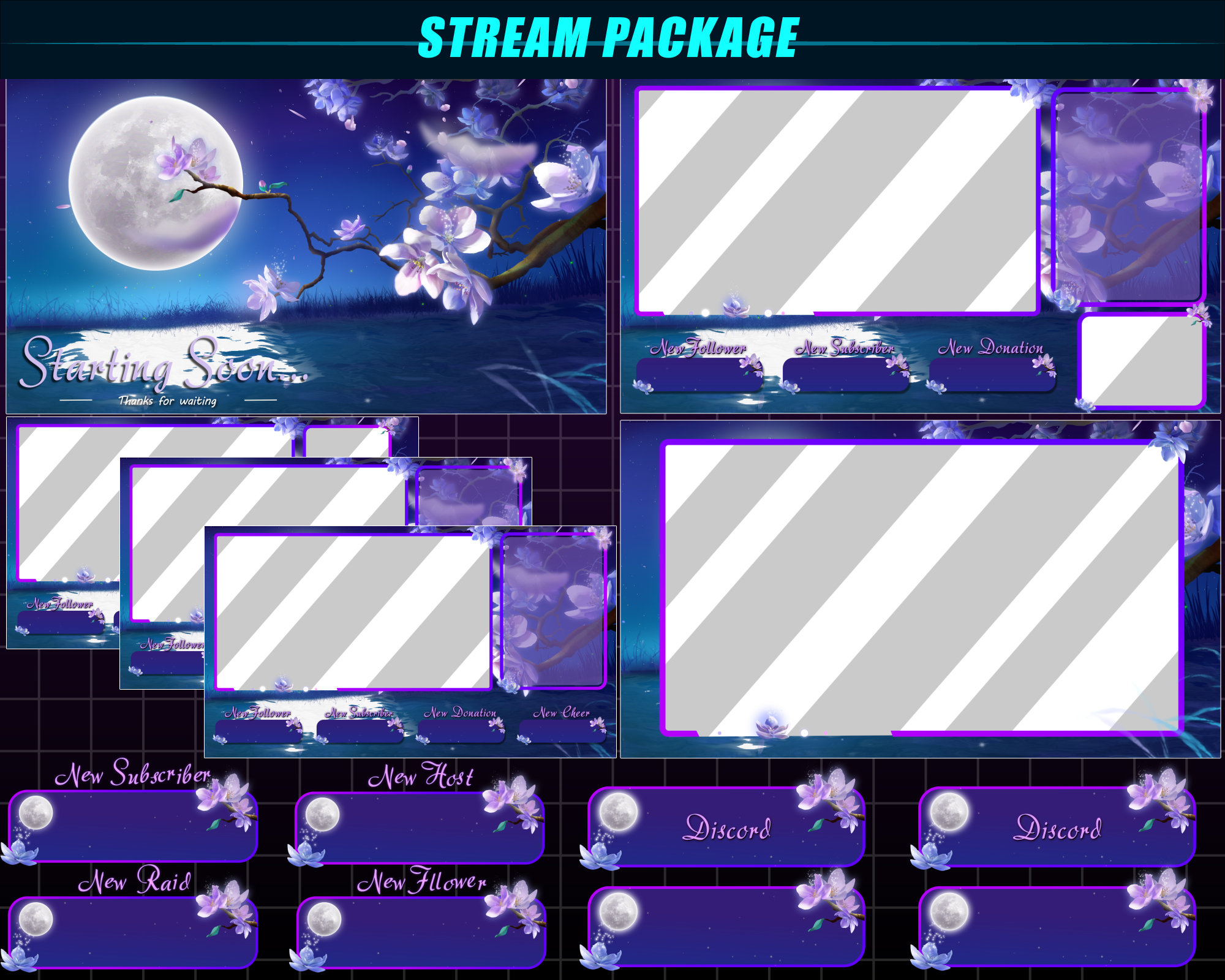 Animated Twitch Overlay Package Sakura Lake / Night Cherry Blossom ...