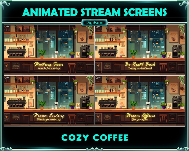 ANIMATED Twitch Overlays Cozy Cafe, Cozy Cafe Animated Stream Screen ...