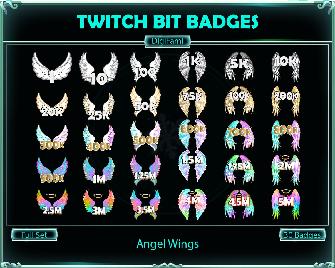 Angel Wings Twitch Bit Badges, Silver Gold Angel Wings Twitch Bit ...