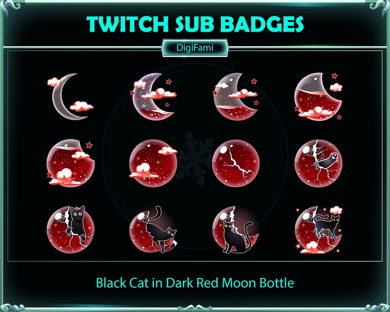 Dark Red Liquid Moon Black Cat Twitch Sub Badges, Blood Moon Bottle ...