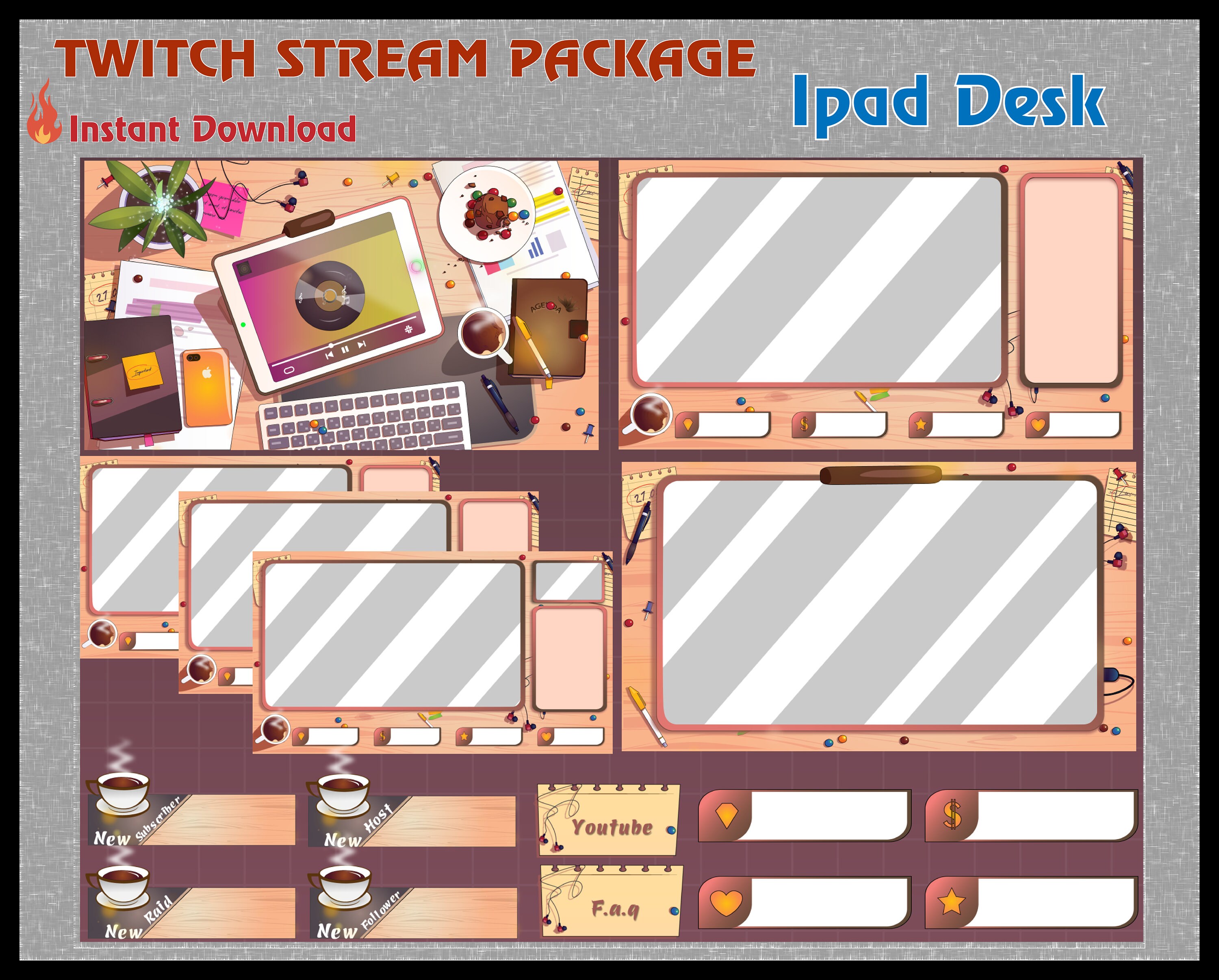 ANIMATED Twitch Stream Overlay Package / Cozy iPad Desk Twitch Overlay ...