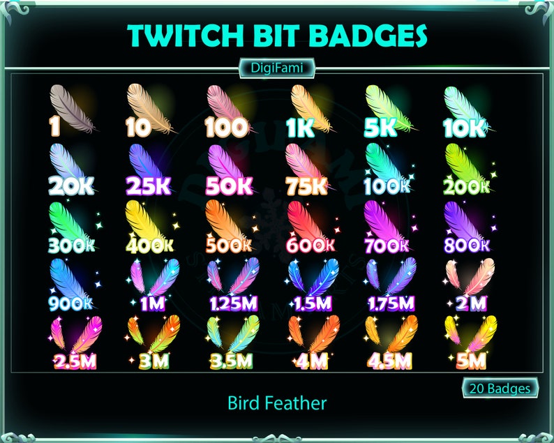 Neon Bird Feather Twitch Bit Badges, Colorful Bird Feather Twitch Bit Badges, Crystal Heart Bit ...