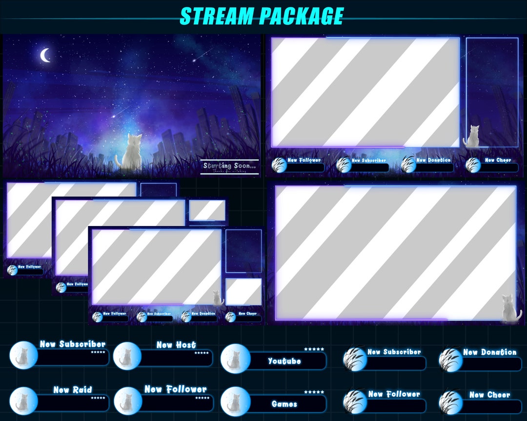 ANIMATED Celestial Stars Twitch Stream Overlay Package, WHITE Cat ...