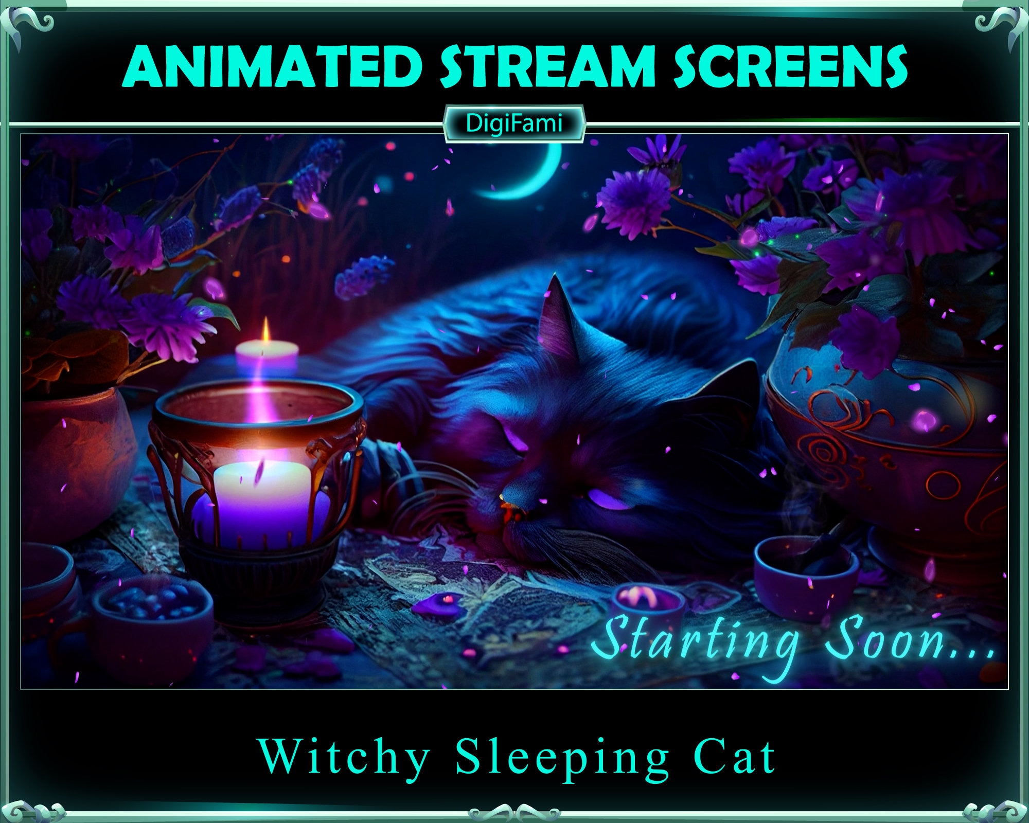ANIMATED Twitch Stream Overlays Witchy Sleeping Cat, Witchy Garden ...