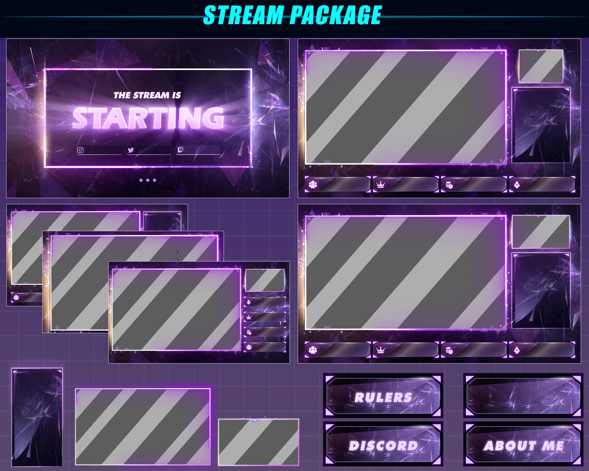 Broken Glass Animated Twitch Stream Overlay Package, Minimalist Purple ...