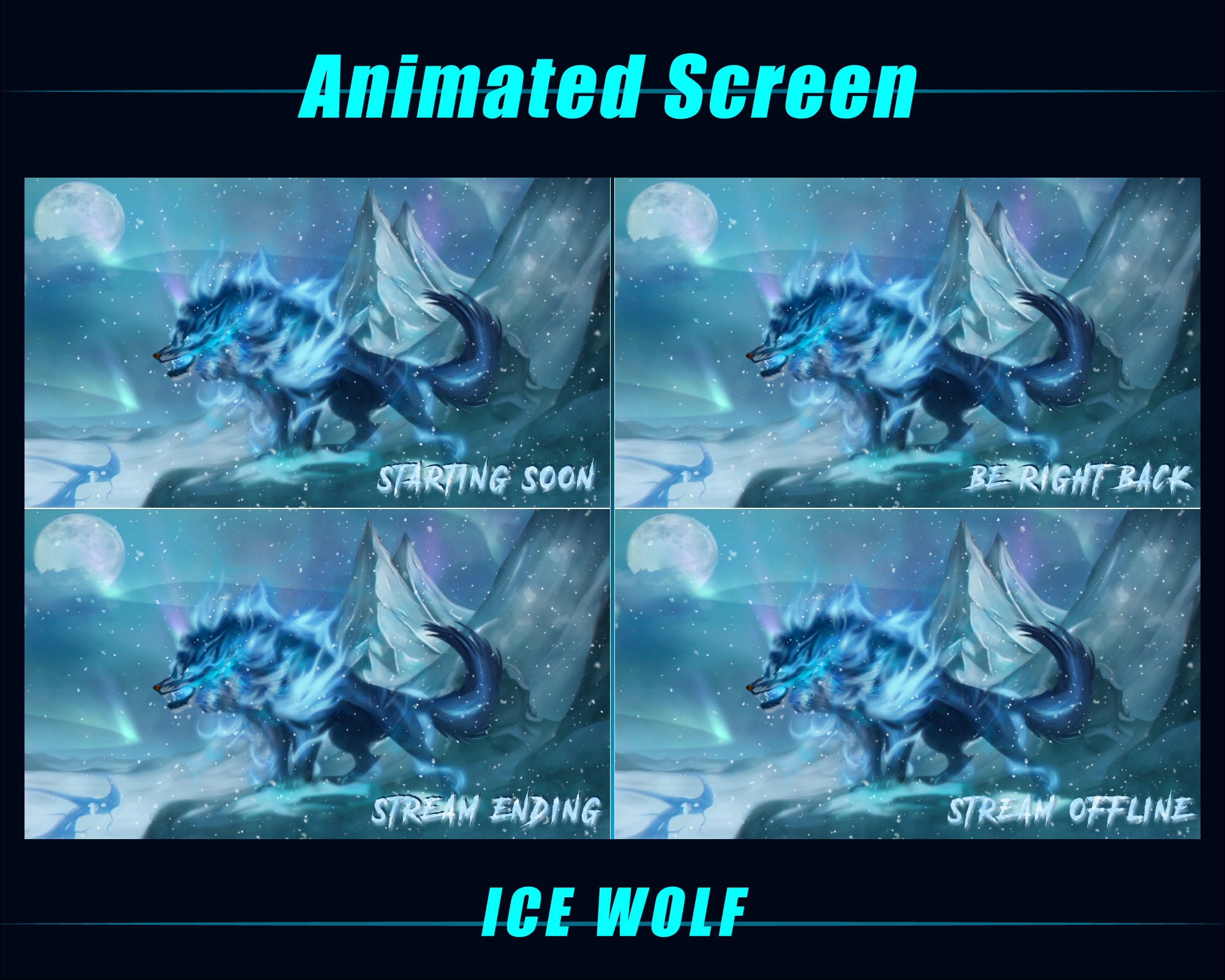 ICE Wolf Animated Twitch Stream Overlays, Winter Ice Wolf Twitch Screen ...