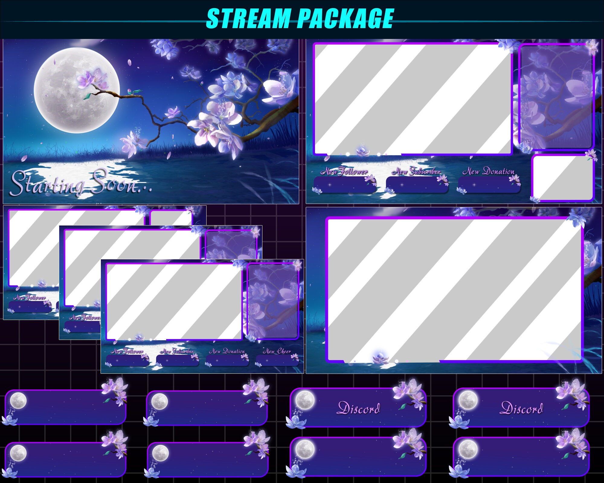 Animated Twitch Overlay Package Sakura Lake / Night Cherry Blossom Stream Package / Streamers ...