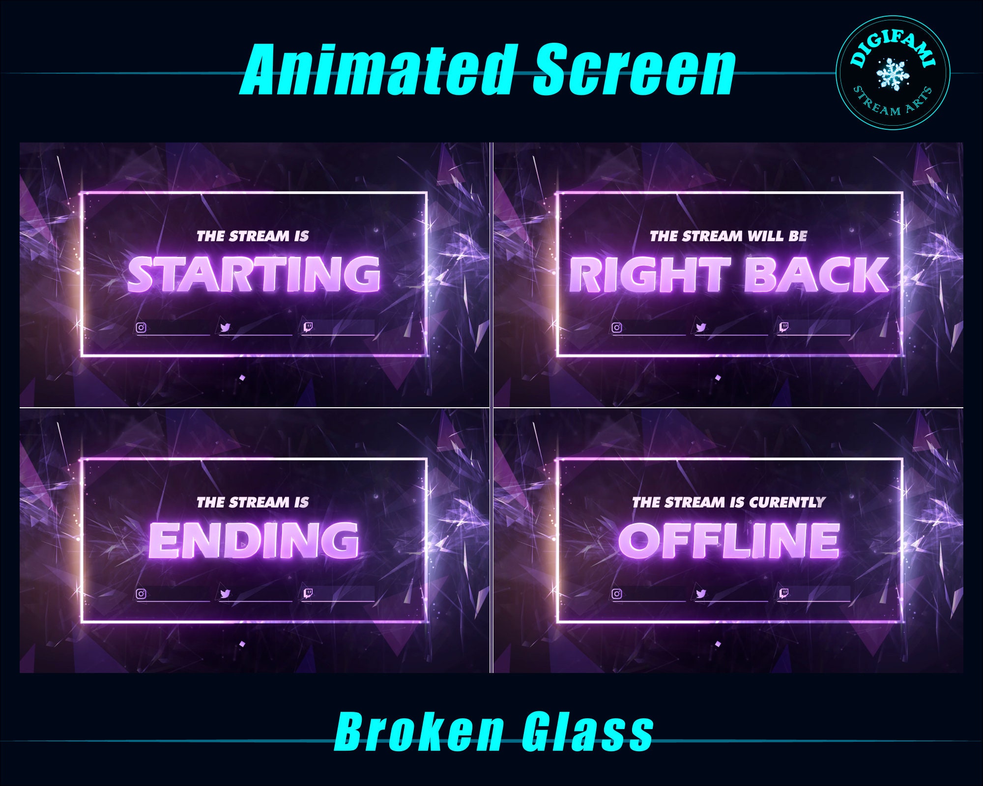 Broken Glass Animated Stream Screens, Minimalist Purple Twitch Screen ...