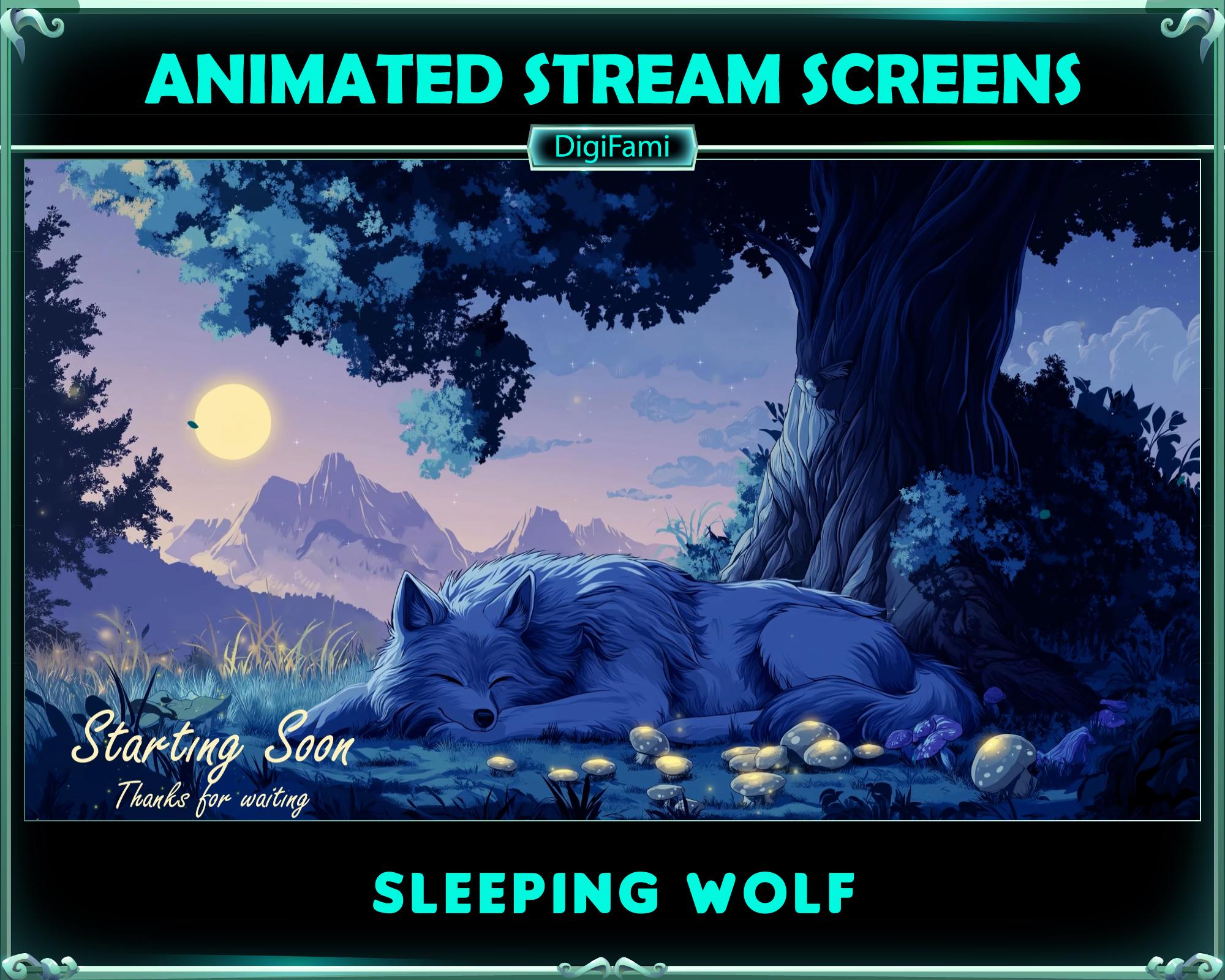 Sleeping Wolf Animated Twitch Overlays, Relaxing Wolf Stream Screen ...