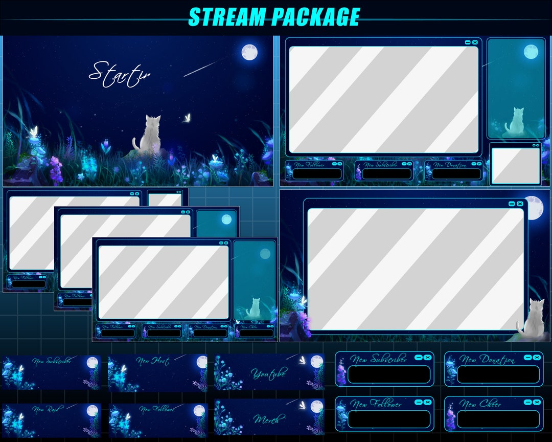 Animated Twitch Overlay Package, WHITE Cat in Glowing Garden Animated ...