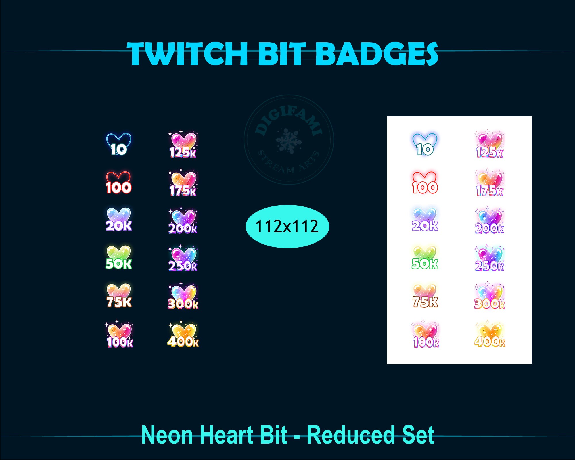 Reduced Neon Crystal Heart Twitch Bit Badges Set, Neon Heart Twitch Bit ...