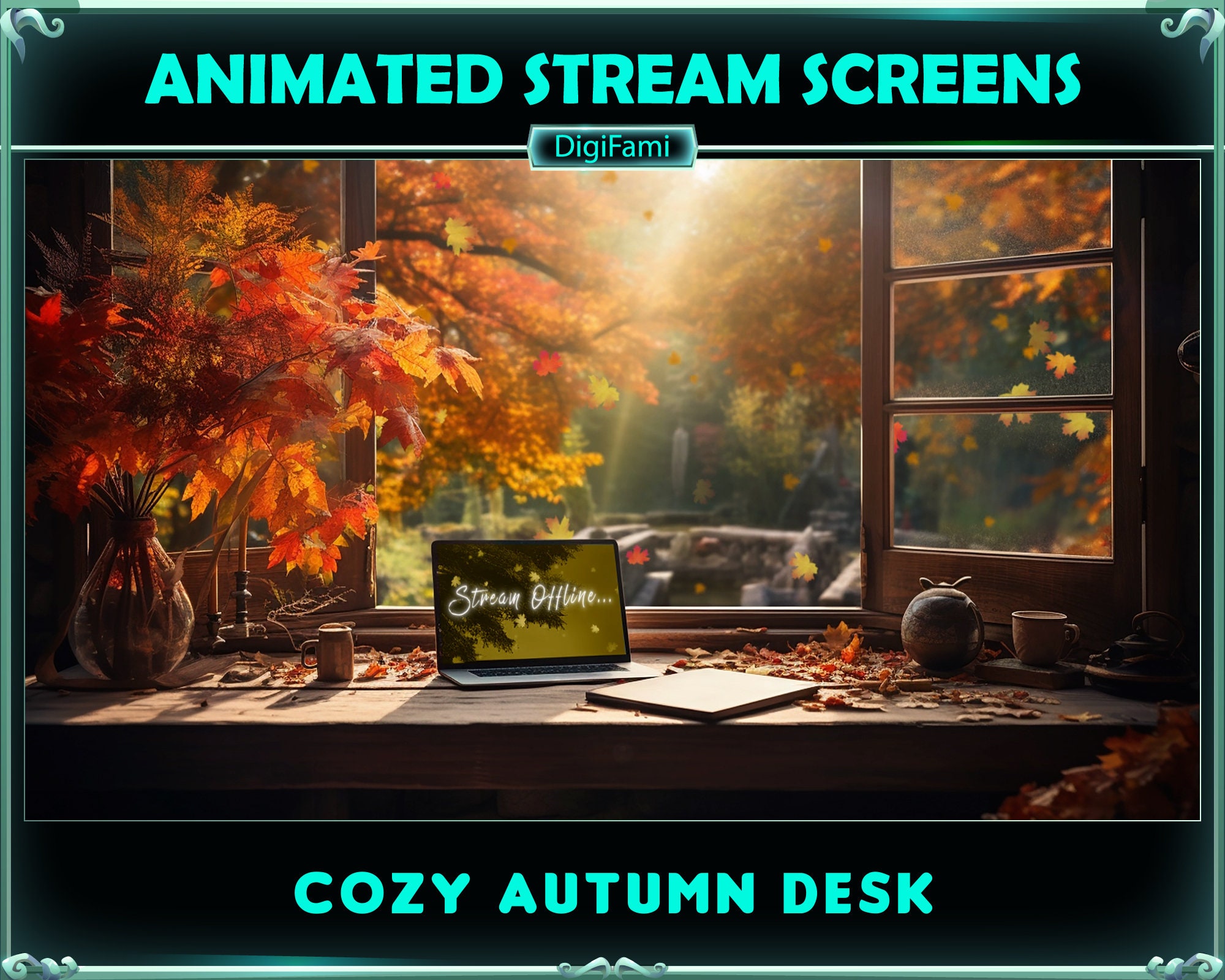 ANIMATED Twitch Stream Overlays Autumn PC Desk, Working Desk in Fall ...