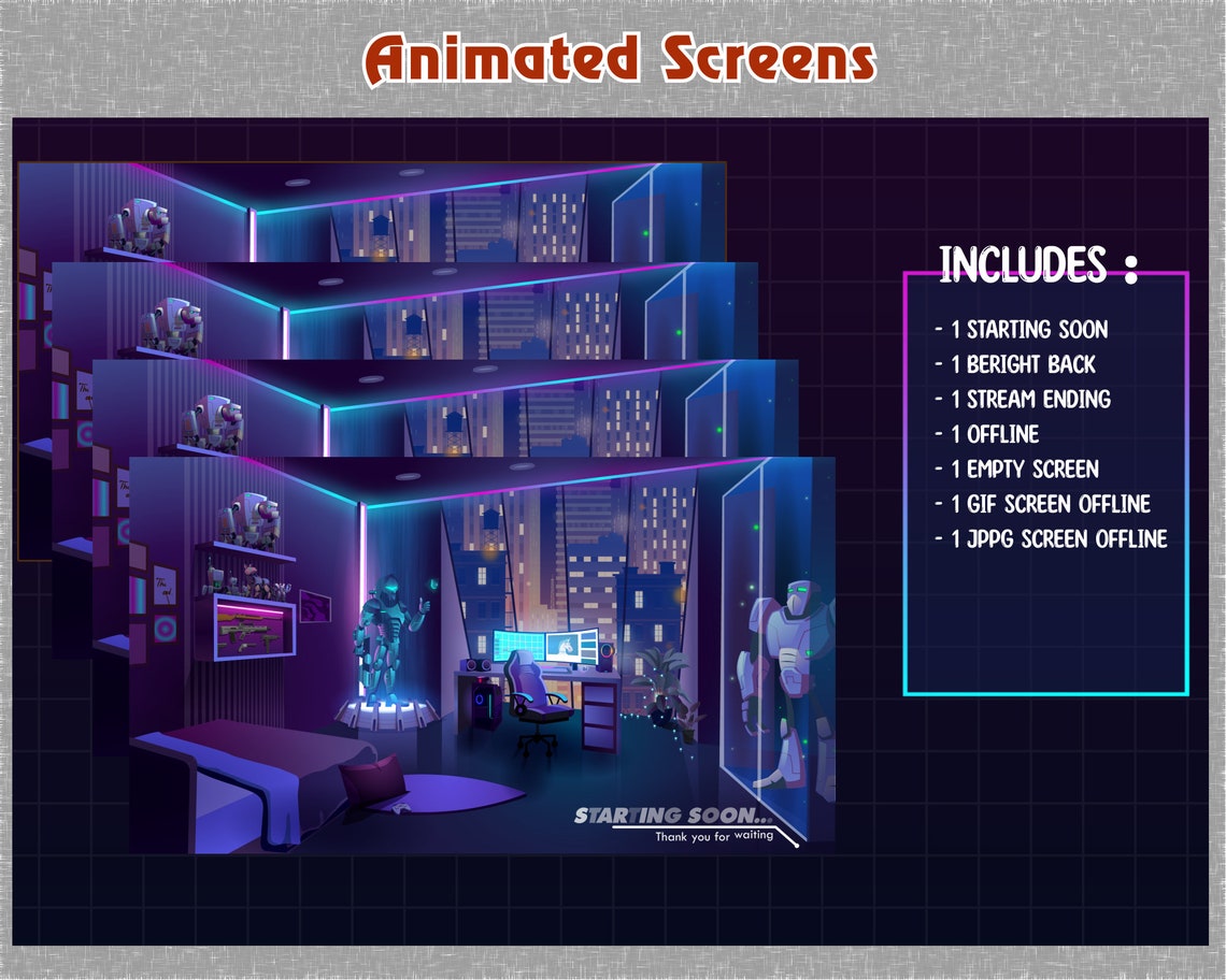 ANIMATED Twitch Neon Gaming Room Screen Overlays / Retro Cozy Dark Game ...