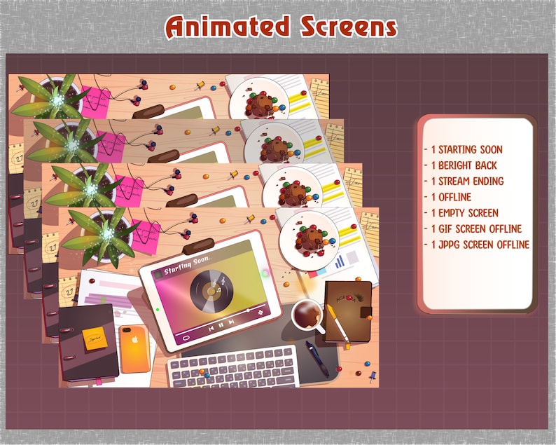 ANIMATED Twitch Stream Overlay Package / Cozy iPad Desk Twitch Overlay ...