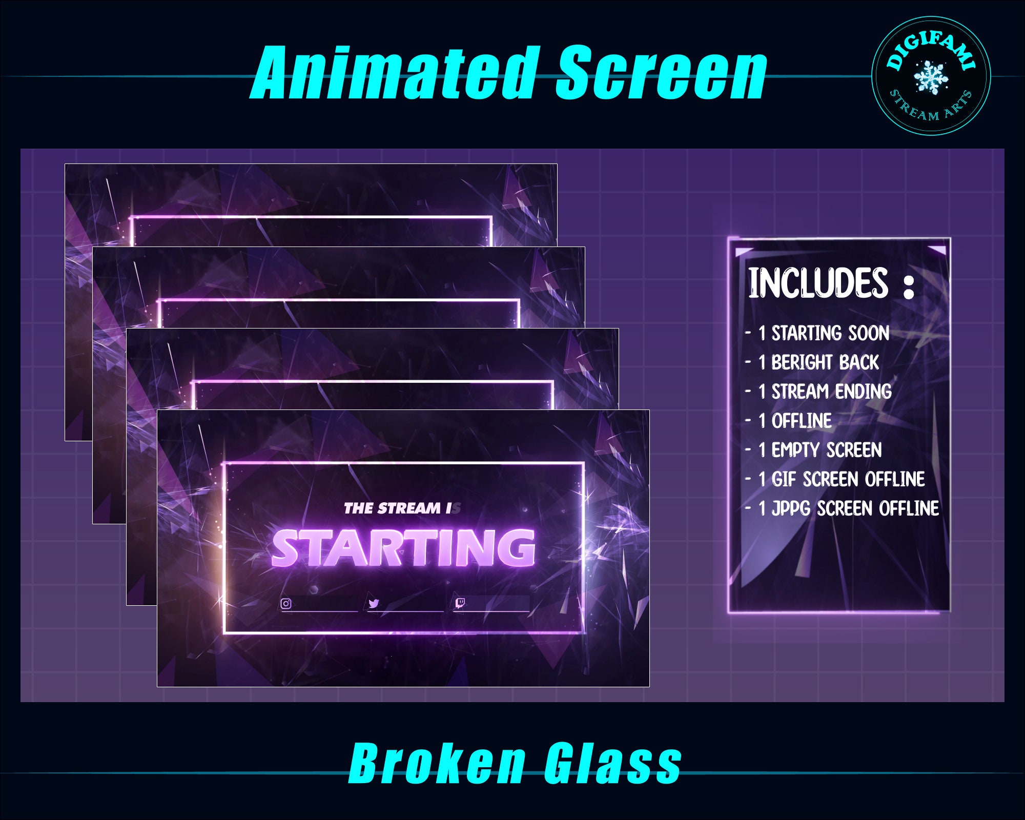 Broken Glass Animated Stream Screens, Minimalist Purple Twitch Screen ...
