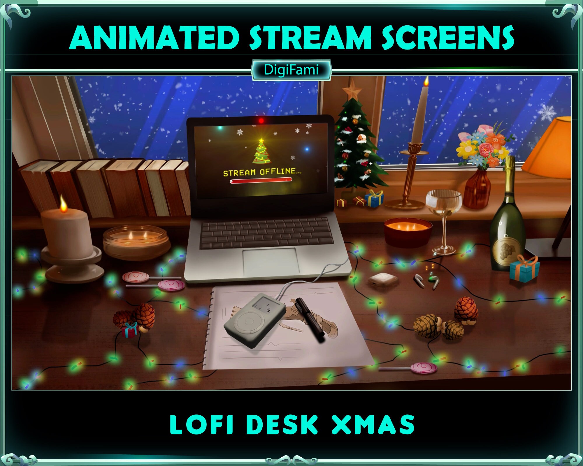 Xmas PC Room Window Animated Stream Overlays, Christmas Working Desk ...