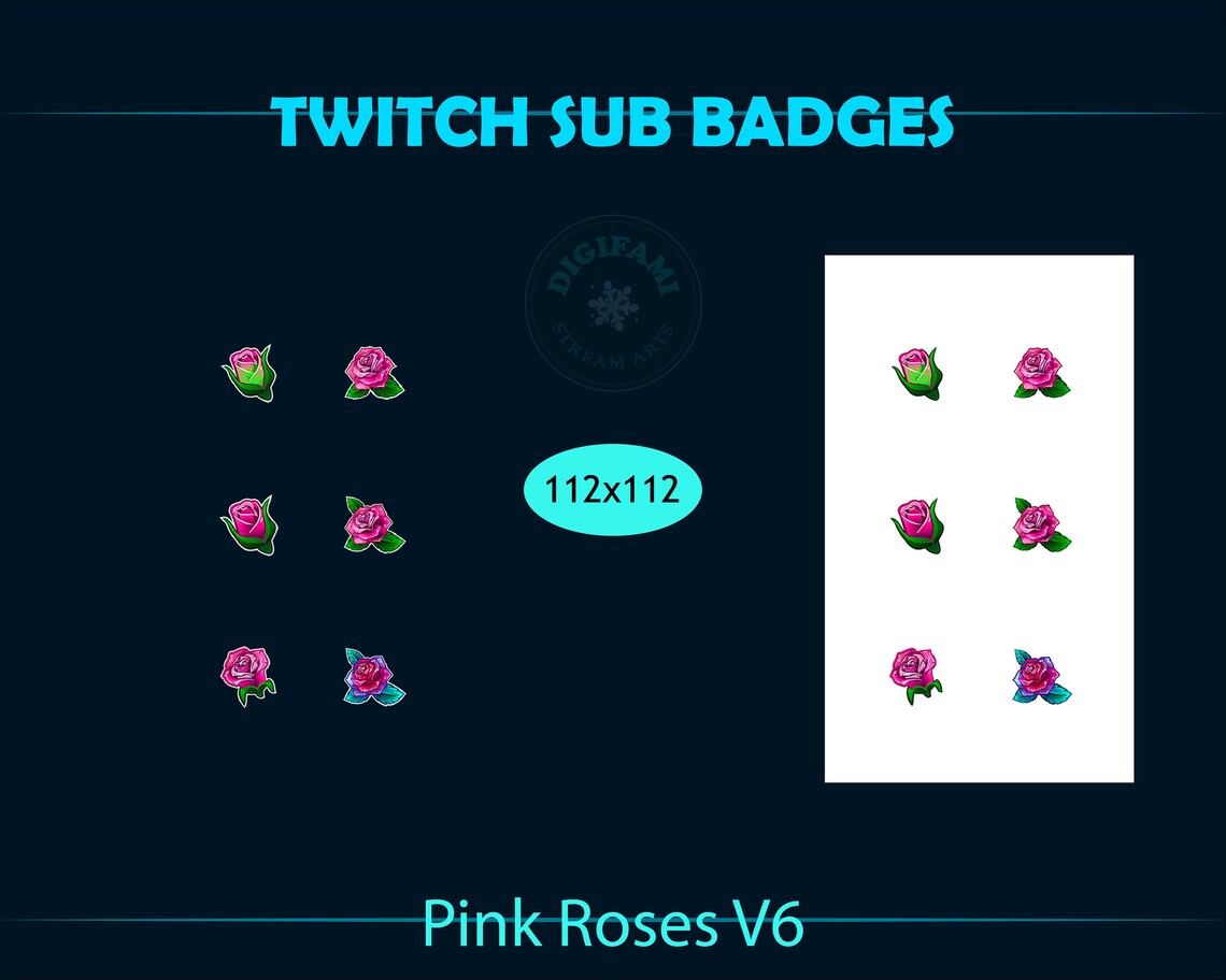 6 Pink Rose Twitch Sub Bit Badges, Beautiful Pink Flower Twitch Sub ...