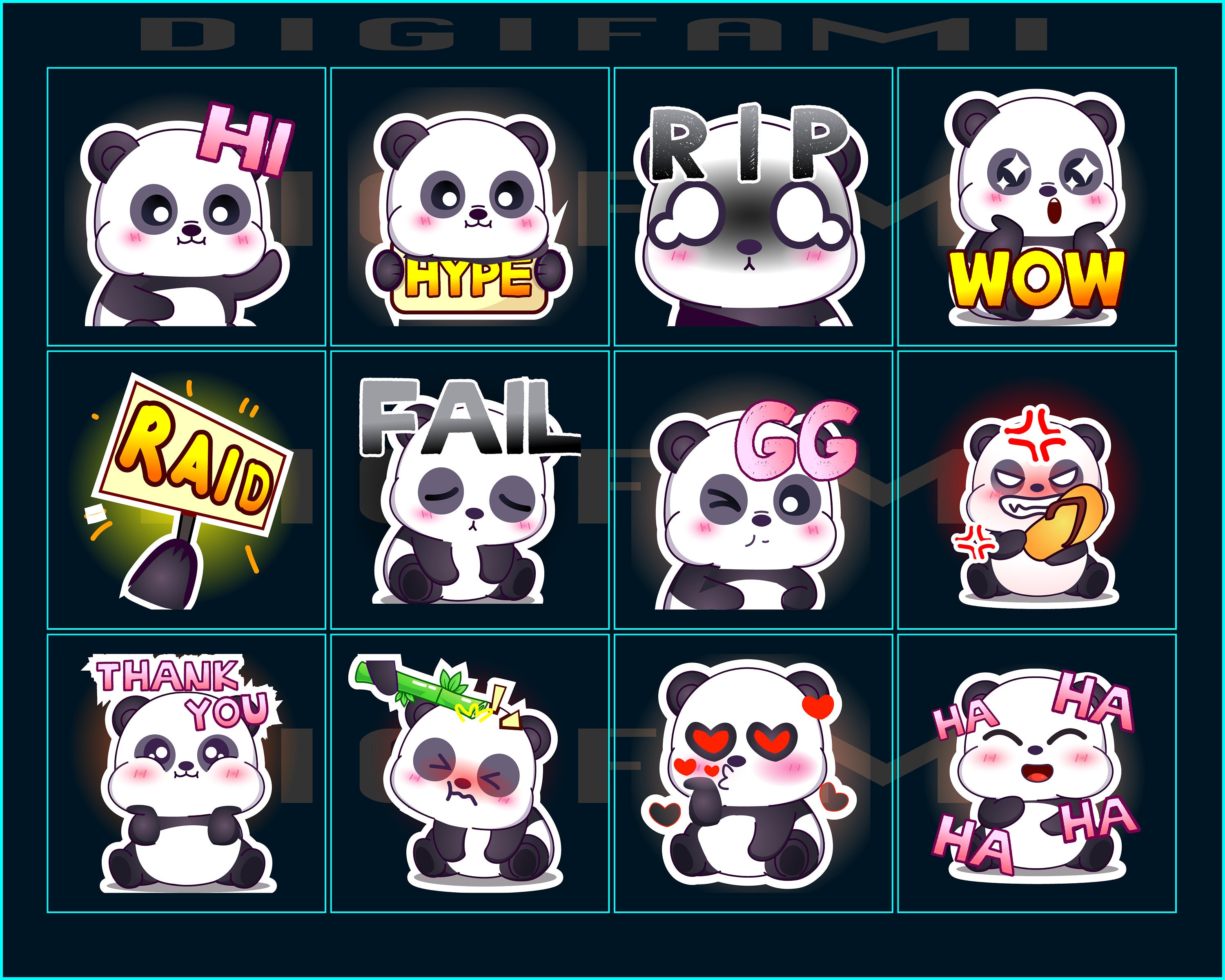 Cute Chibi Panda Twitch Emotes Package, Cute Panda Bear Static Stream ...