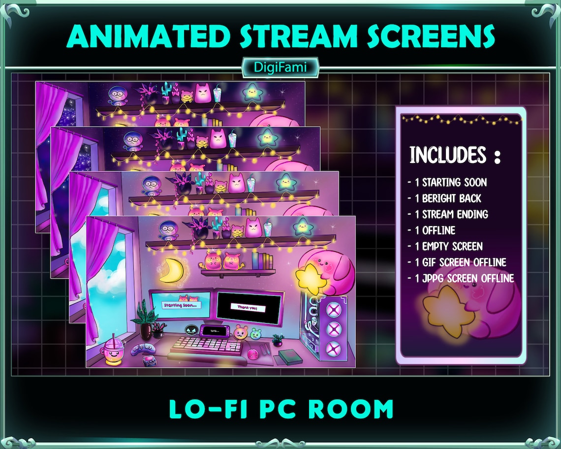 Animated Twitch Overlay Package Lofi Game Room, Lofi PC Set-up Room ...