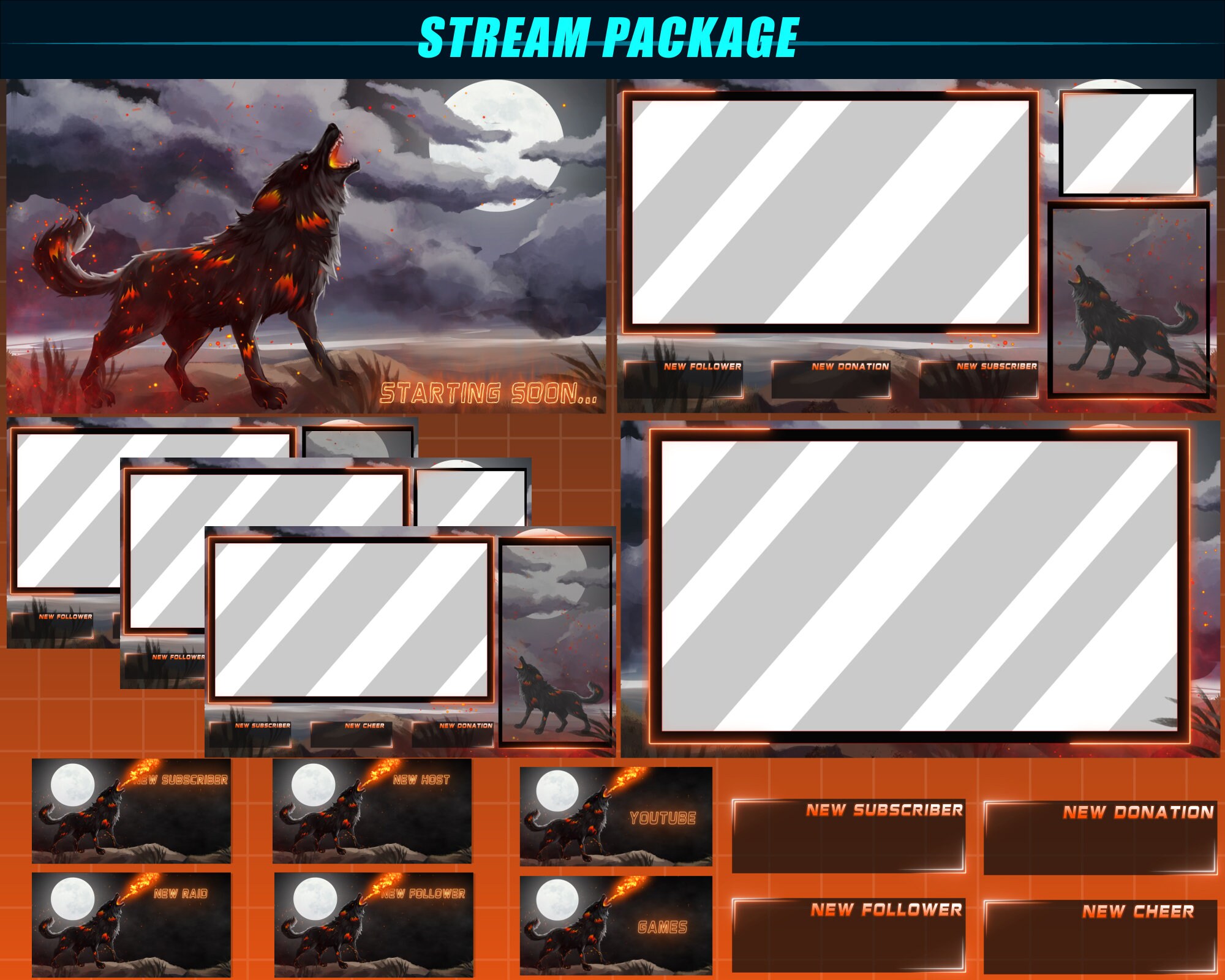ANIMATED Twitch Fire Wolf Stream Overlay Package / Burning Wolf Twitch ...