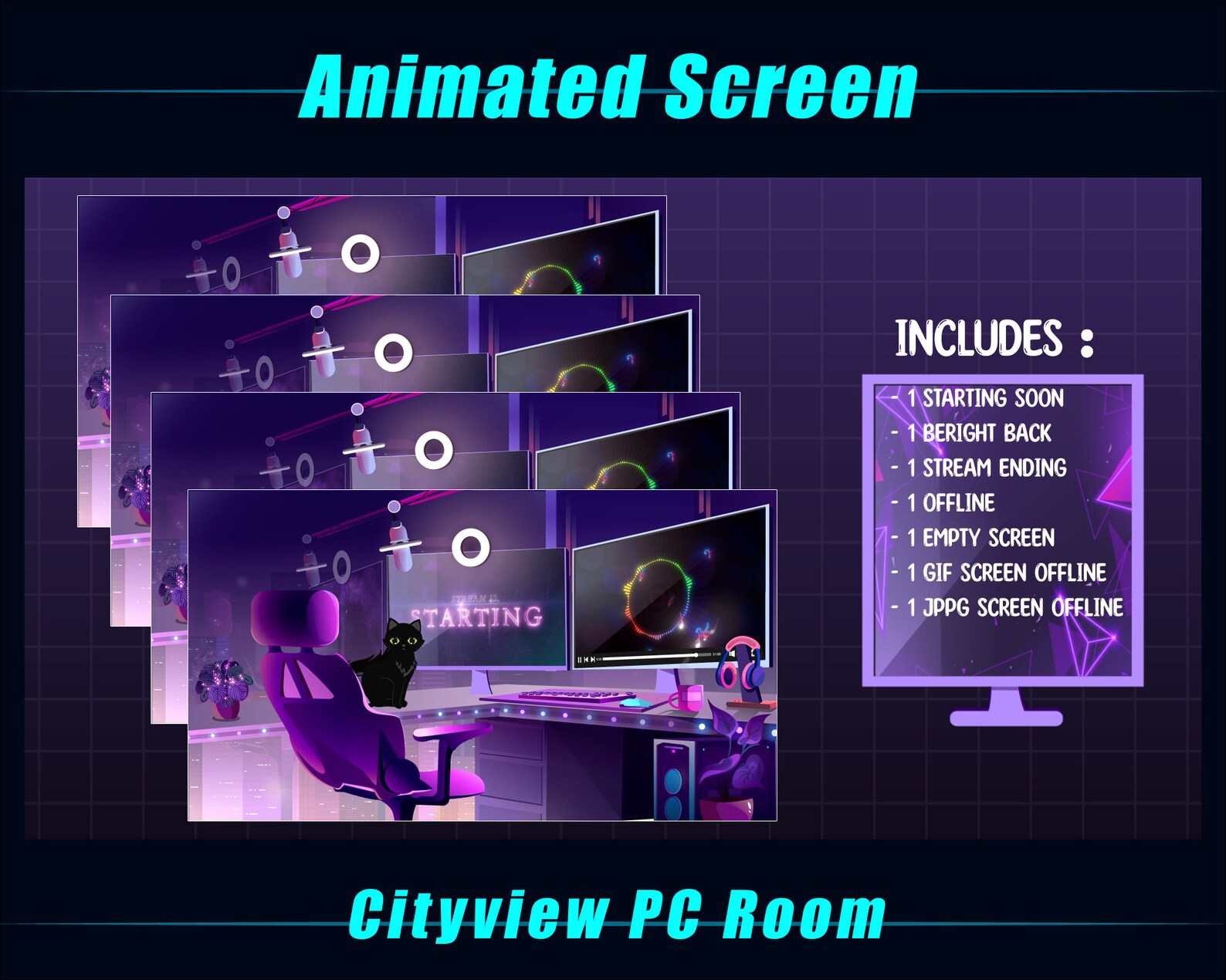 Animated Twitch Overlays Black Cat in Cityview PC Set-up Room, Cityview ...