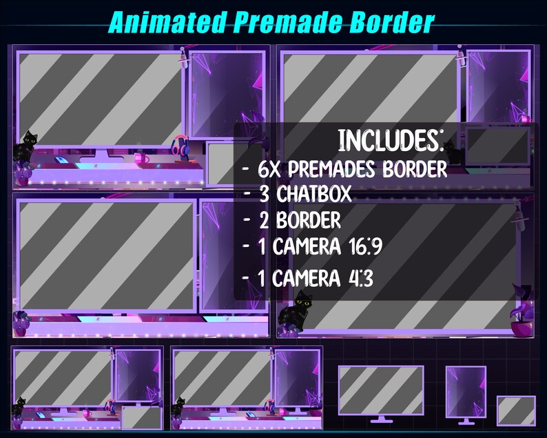 Animated Twitch Overlay Package Cityview PC Set-up Room, Black Cat in ...