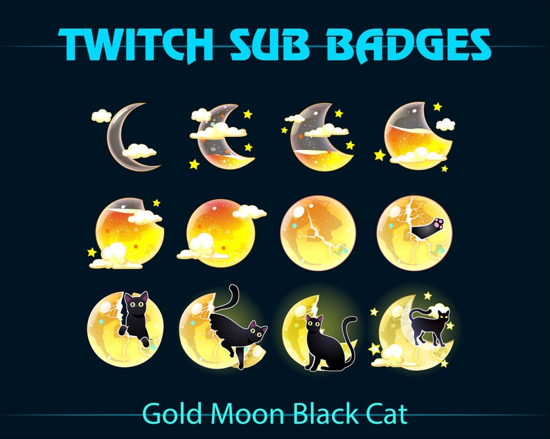 Gold Liquid Moon Black Cat Twitch Sub Badges, Yellow Moon Bottle Black ...