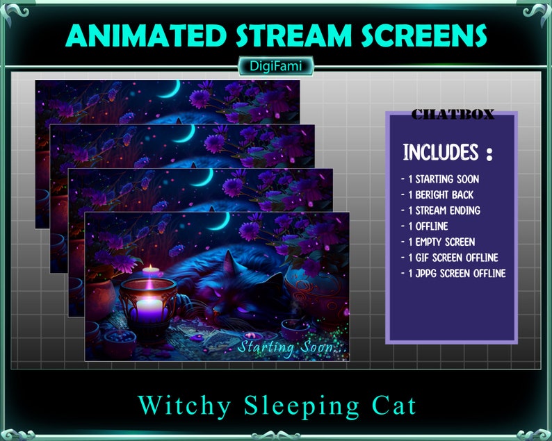 ANIMATED Twitch Stream Overlays Witchy Sleeping Cat, Witchy Garden ...