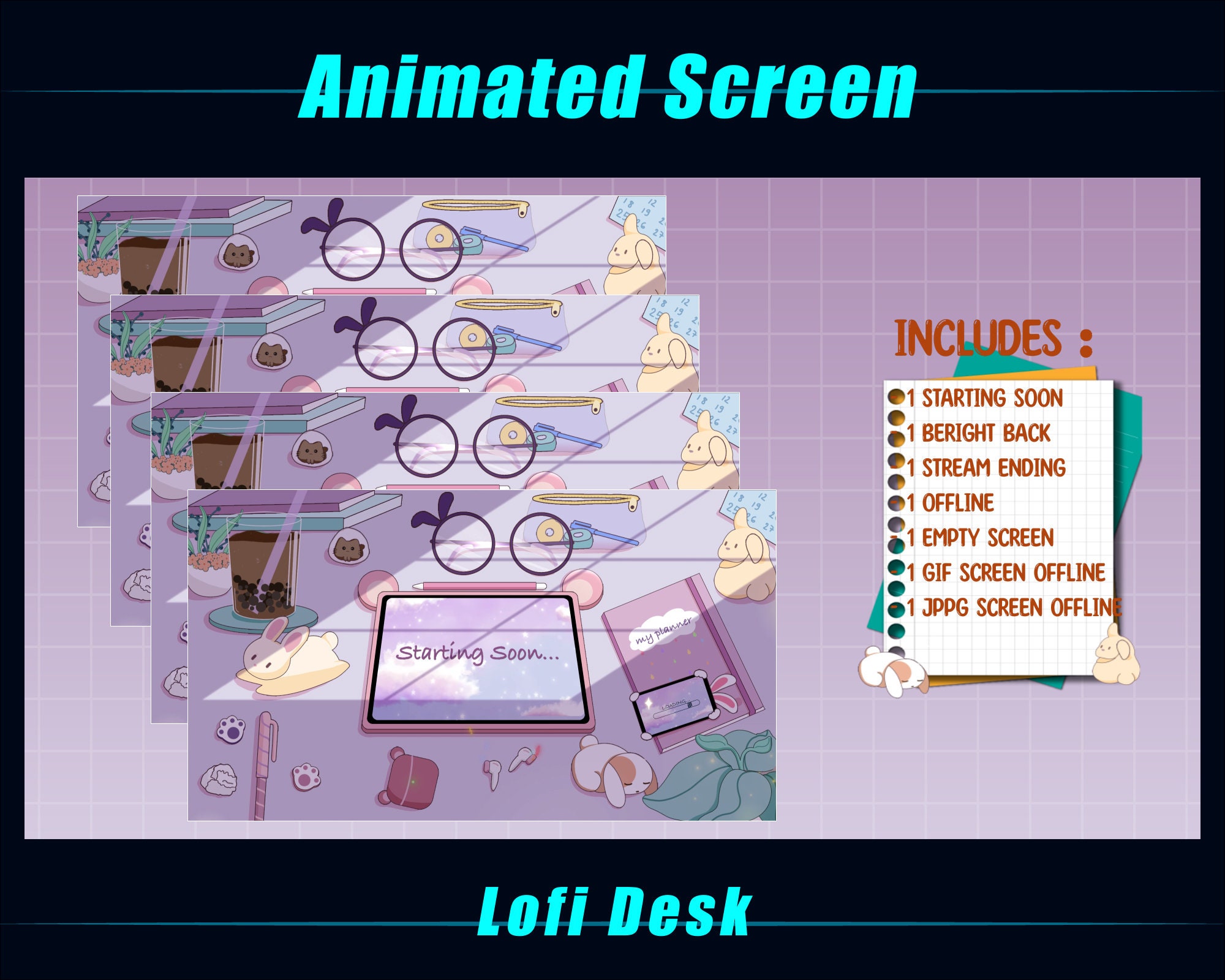 Animated Twitch Stream Overlays Package Lofi iPad Desk, Lofi Working ...