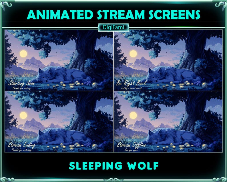 Sleeping Wolf Animated Twitch Overlays, Relaxing Wolf Stream Screen ...