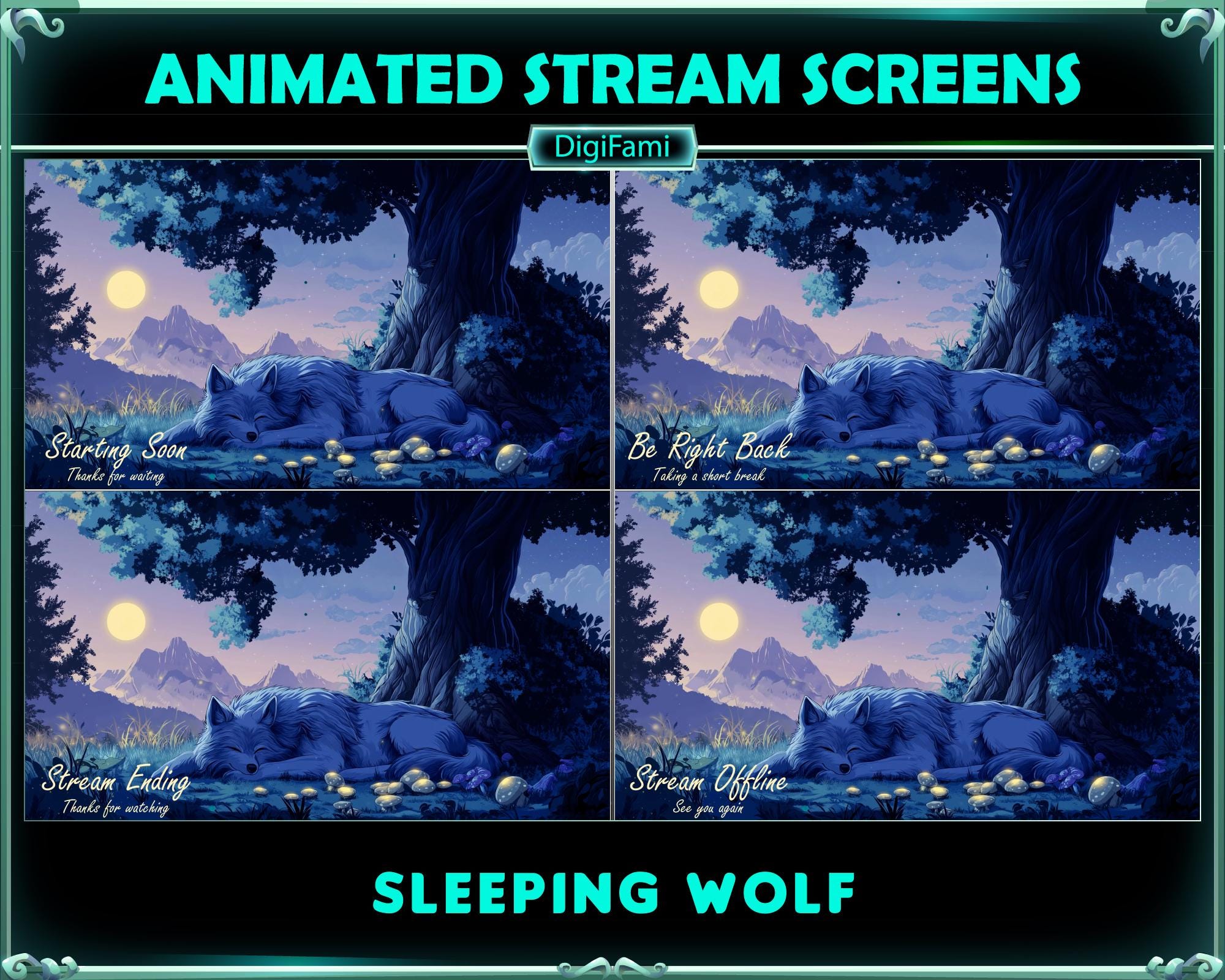 Sleeping Wolf Animated Twitch Overlays, Relaxing Wolf Stream Screen ...