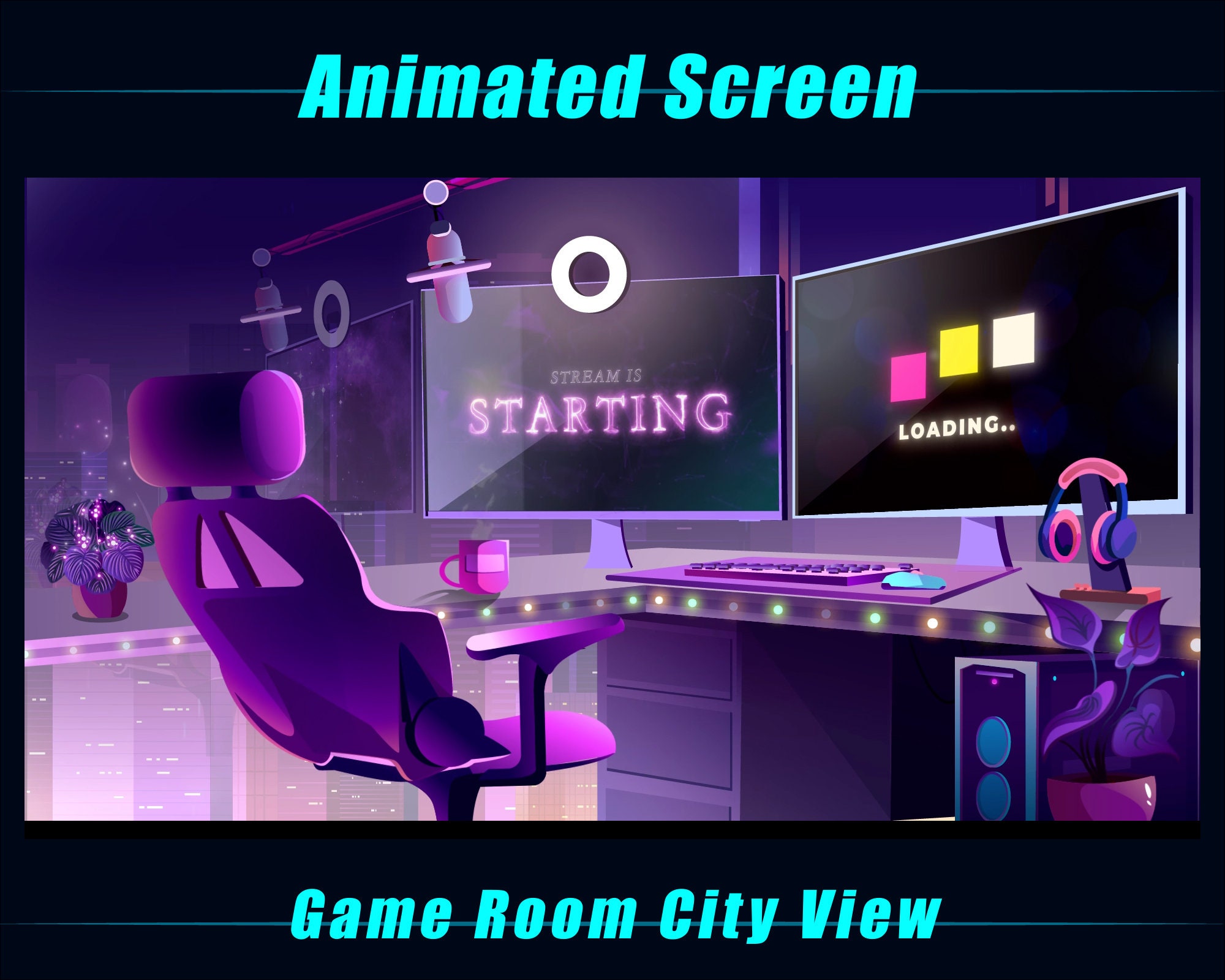 Animated Twitch Overlay Package Cityview PC Set-up Room, Raining ...