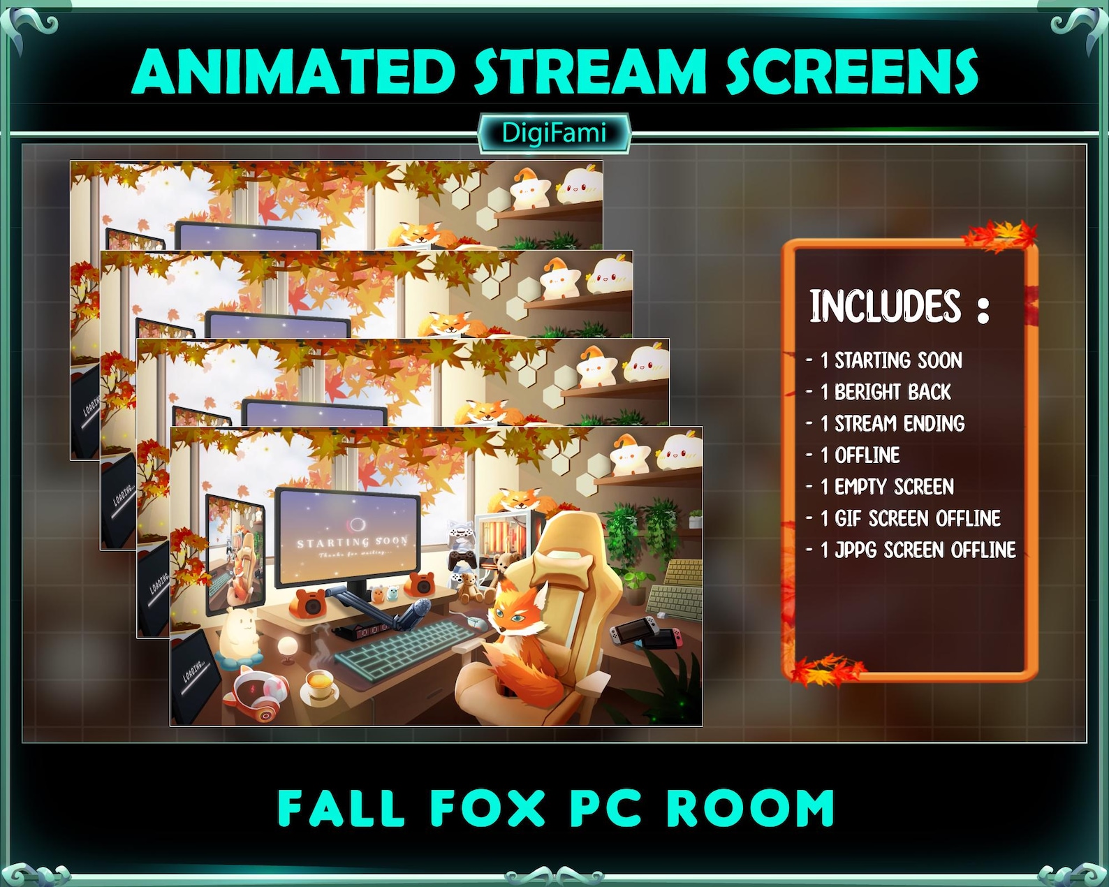 Fox in Fall PC Room Animated Twitch Overlay Bundle, Fox in Autumn Game ...