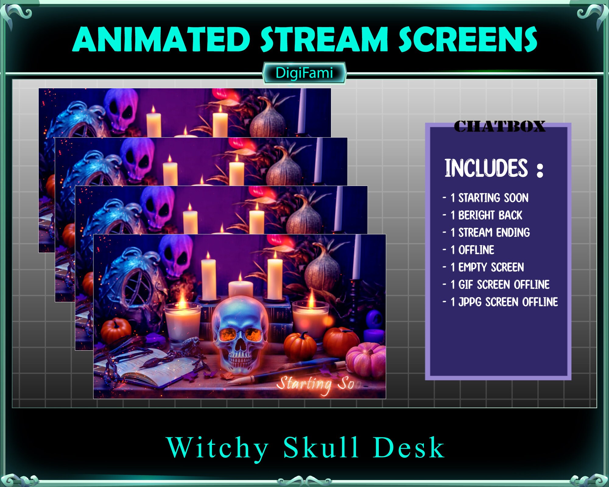 ANIMATED Twitch Stream Overlays Witchy Skull Desk, Witchy Garden Animated Stream Screens, Witchy ...