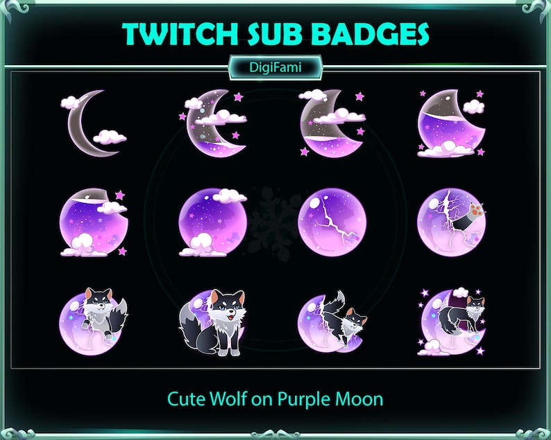 Cute Black Wolf in Purple Moon Bottle Twitch Sub Badges, Moon Bottle ...